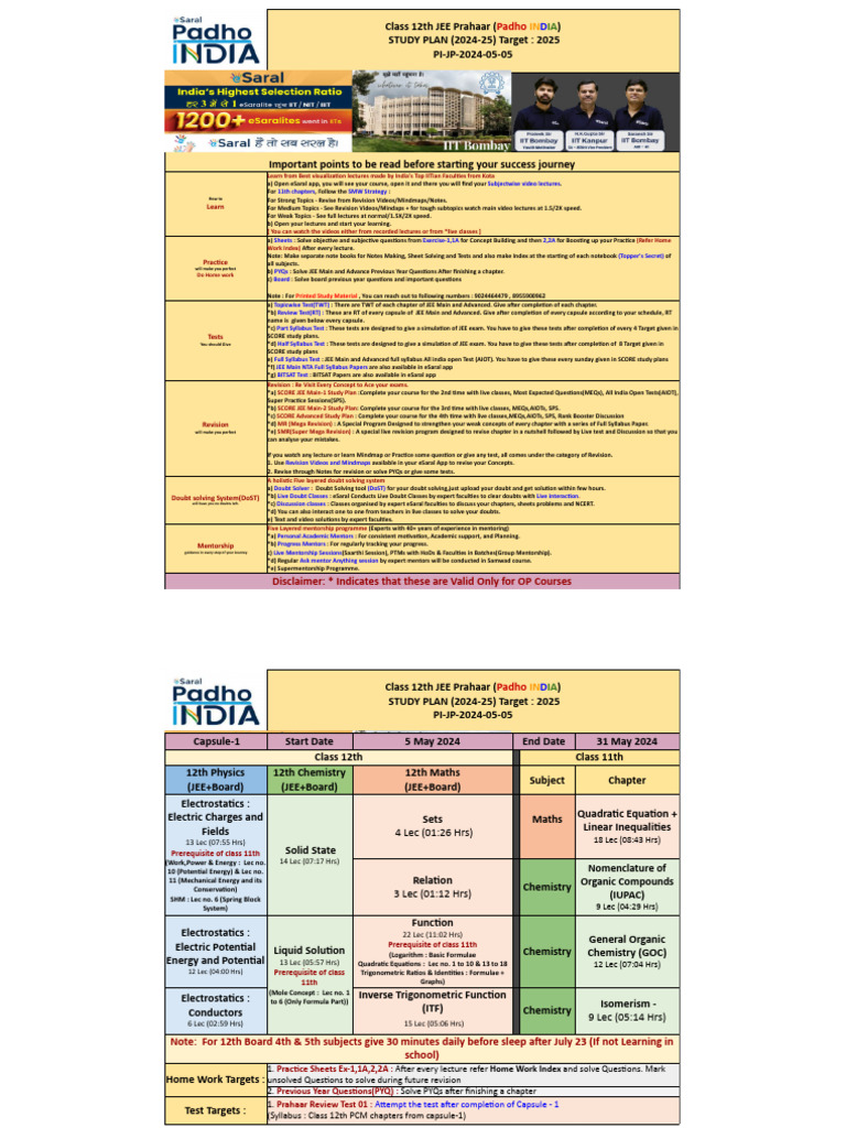 Uploads - Padho India Time Table - PI JP 2024 05 05 | PDF | Chemistry | Mentorship