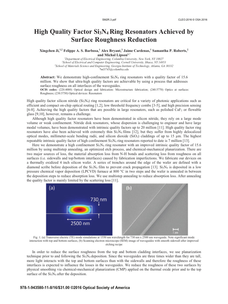 High Quality Factor Si3N4 Ring Resonators Achieved by Surface Roughness ...