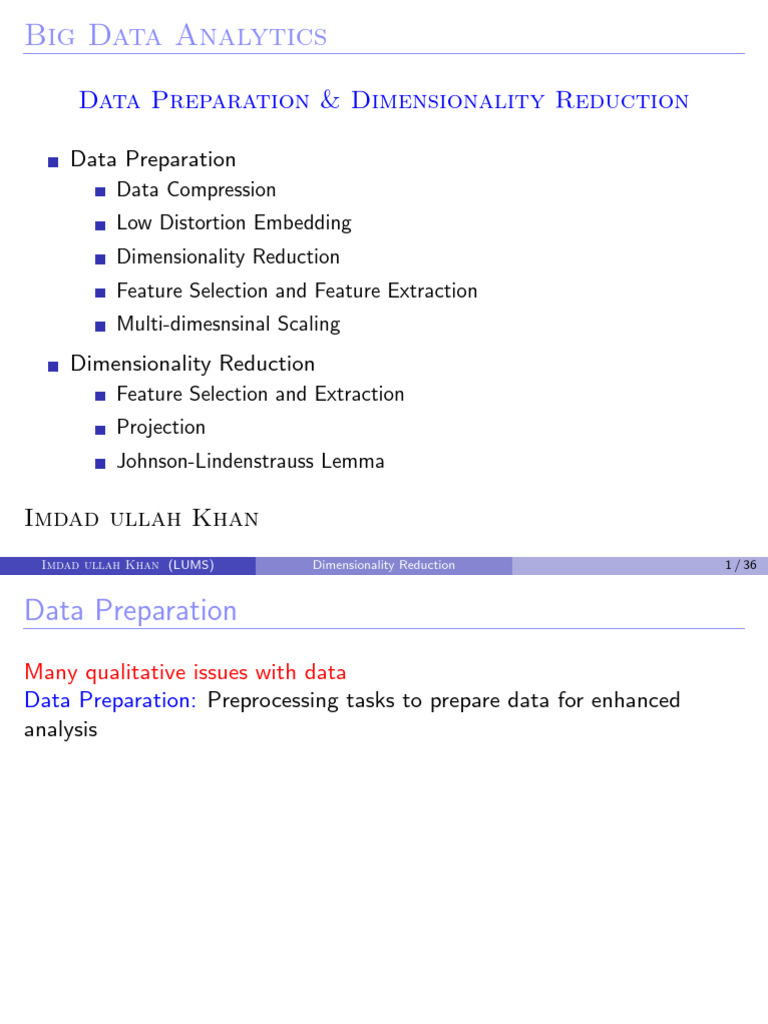 Lec 11 Data Preparation Dimensionality-Reduction-JL-Lemma | PDF | Data Compression | Algorithms