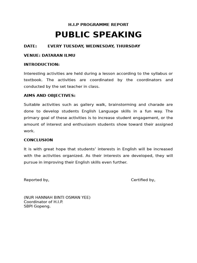 H.I.P Program Report: Engaging English Activities | PDF
