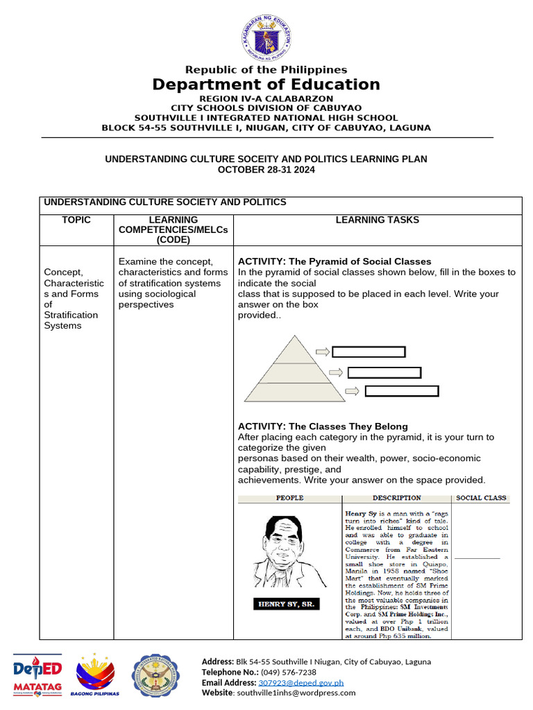 Learning Plan UCSP 28 31 | PDF | Social Stratification | Social Status