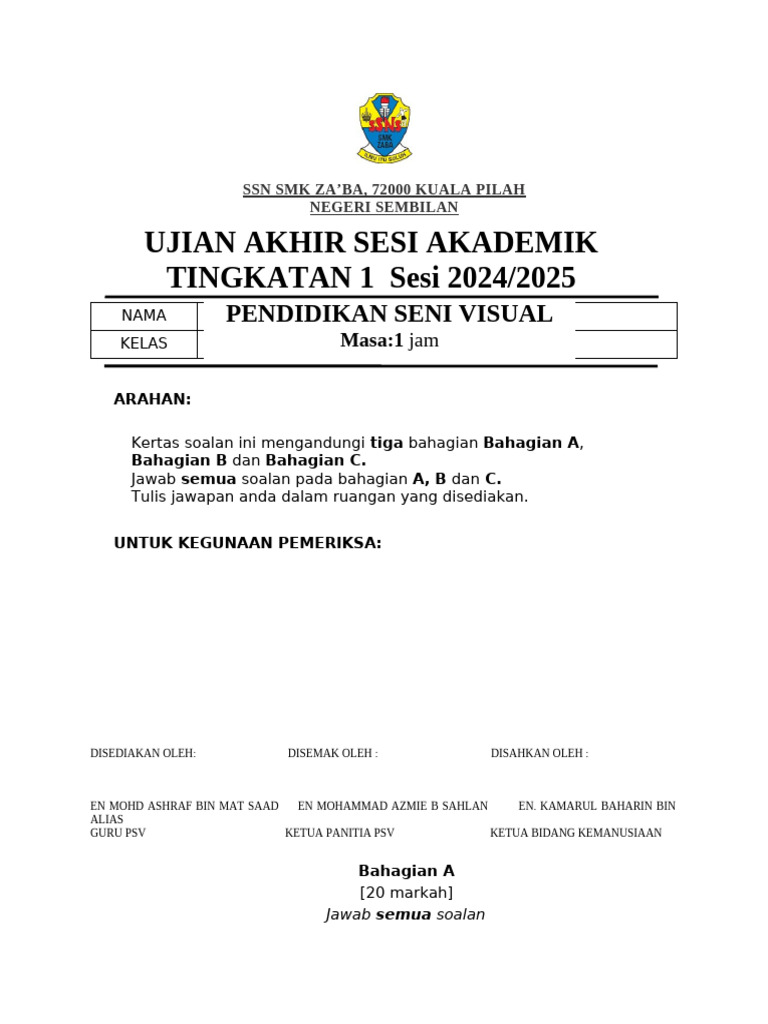 Uasa PSV Form 1 2024 | PDF