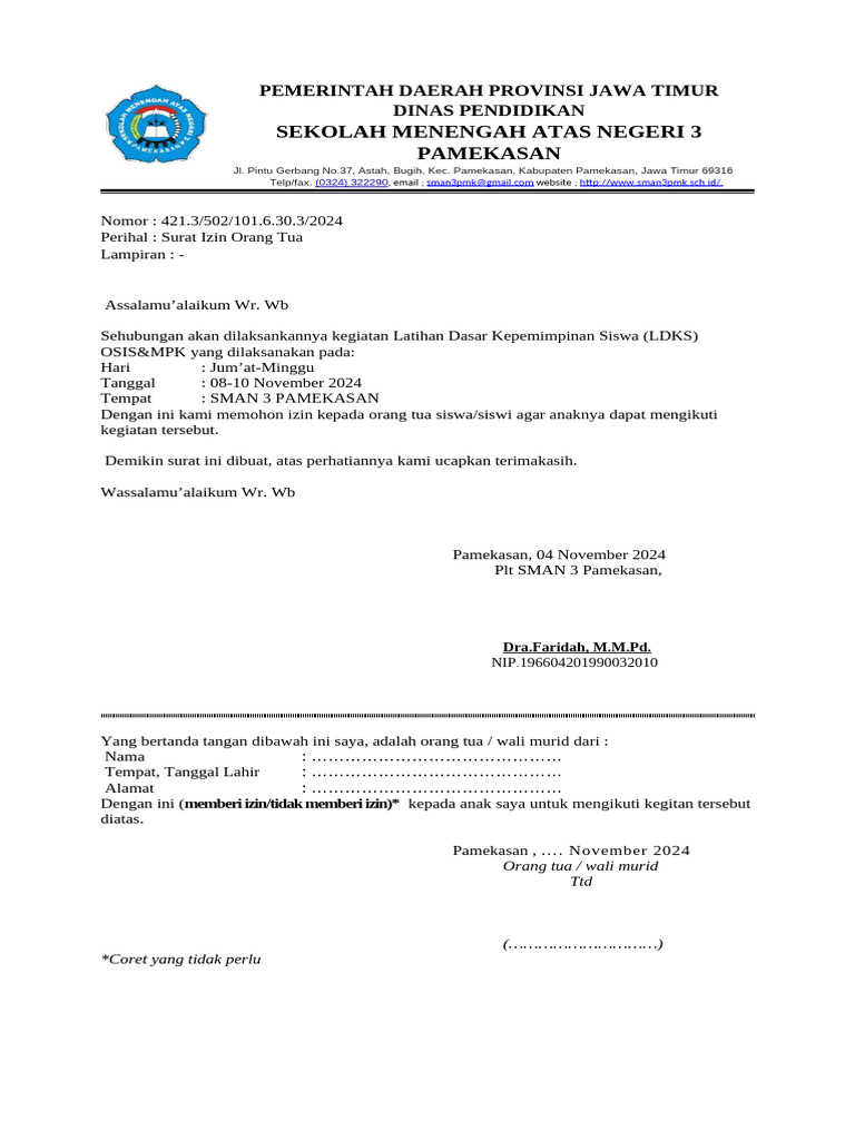 Surat Izin Orang Tua LDK'24 | PDF