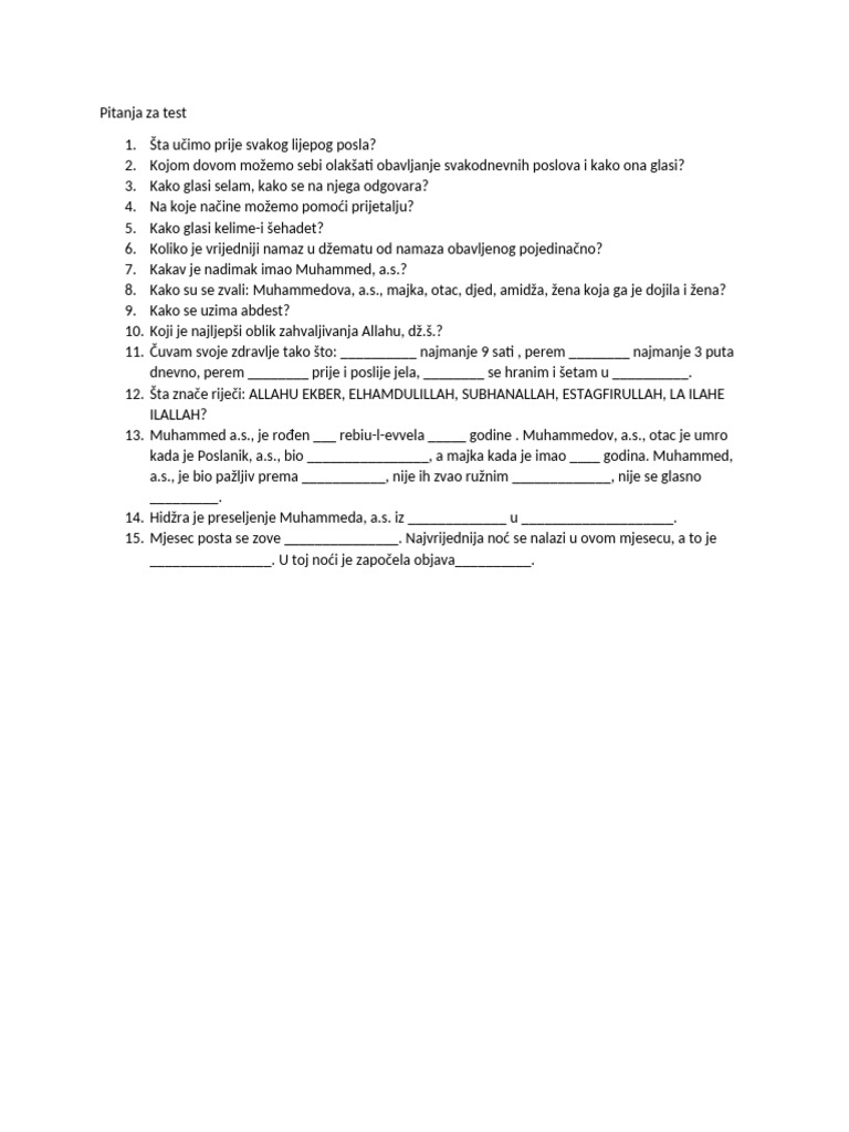 Pitanja Za Test 2 Razred | PDF