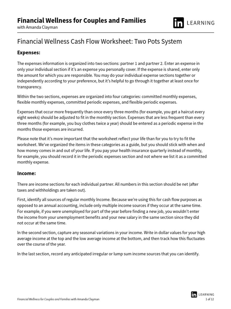 Two Pots Financial Wellness Cash Flow Worksheet | PDF | Expense | Pension