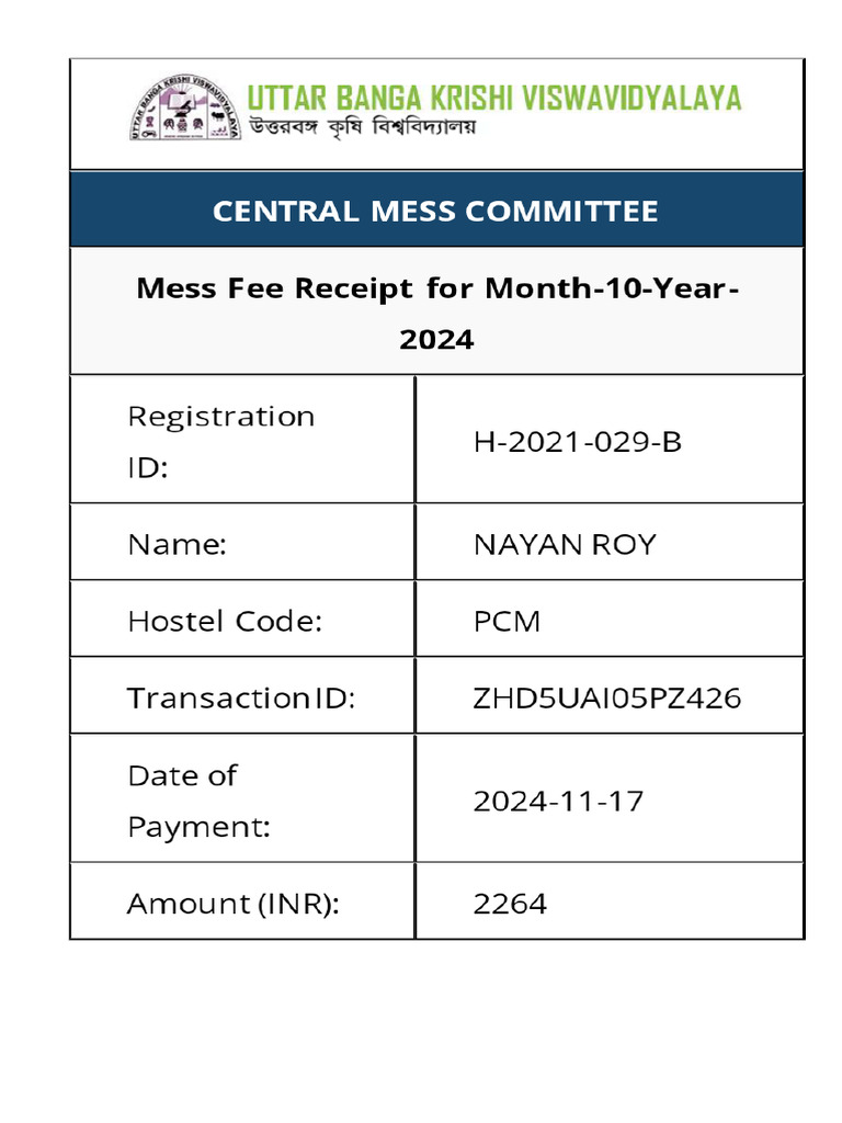 Mess Fee Receipt Month 10 Year 2024 | PDF