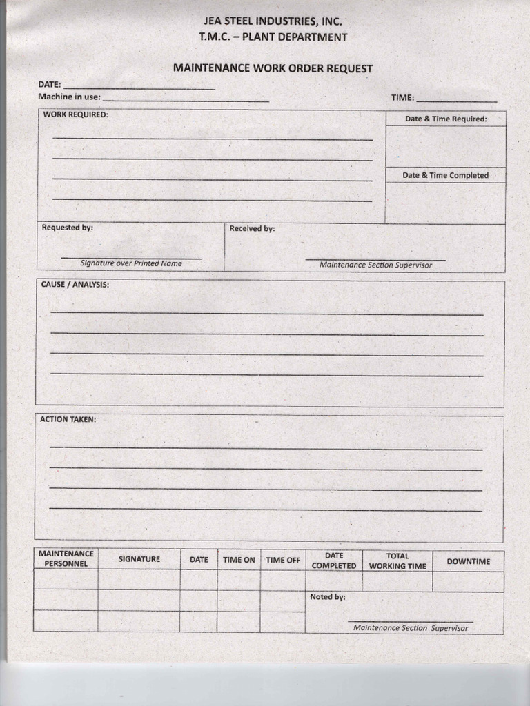 Work Order Maintenance Form | PDF