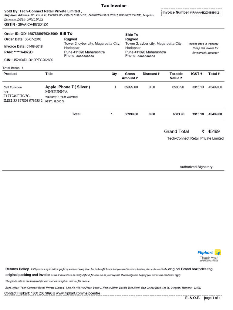 iPhone 7 Purchase Invoice | PDF | Ios | I Phone