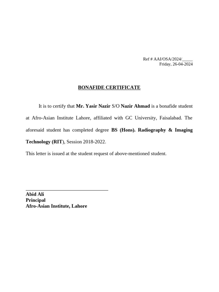 Yasir Nazir Bonafide Certificate Rit 2018-22 | PDF