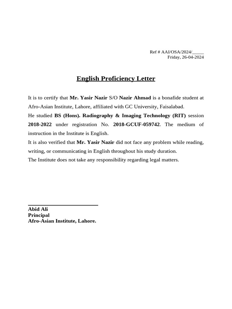 Yasir Nazir English Proficiency Letter RIT 2018-22 | PDF