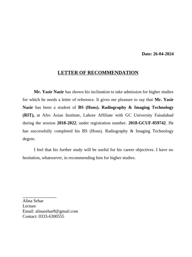 Recommendation for Yasir Nazir | PDF