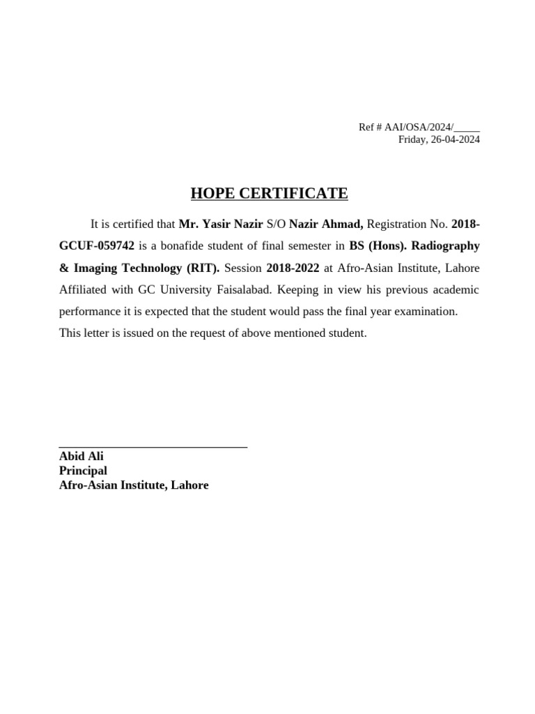 Yasir Nazir Hope Certificate RIT-2018-22 | PDF
