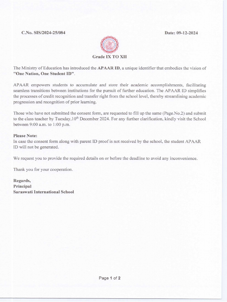 Grade 9 To 12 Apaar ID Circular 2024-25 | PDF