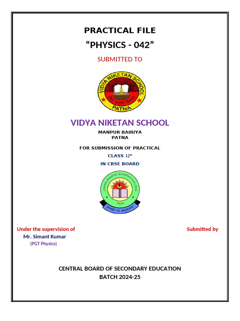 Front of Physics Practical XII, 2024-25 | PDF