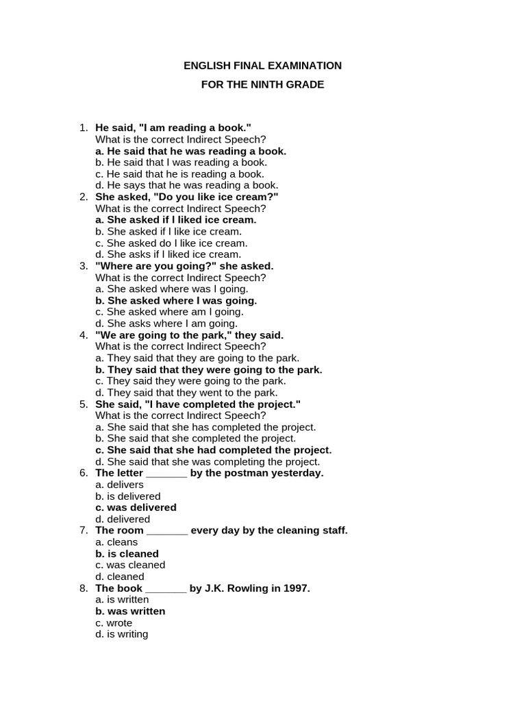 ENGLISH FINAL EXAMINATION For Ninth Grade | PDF | Snake | Subject (Grammar)