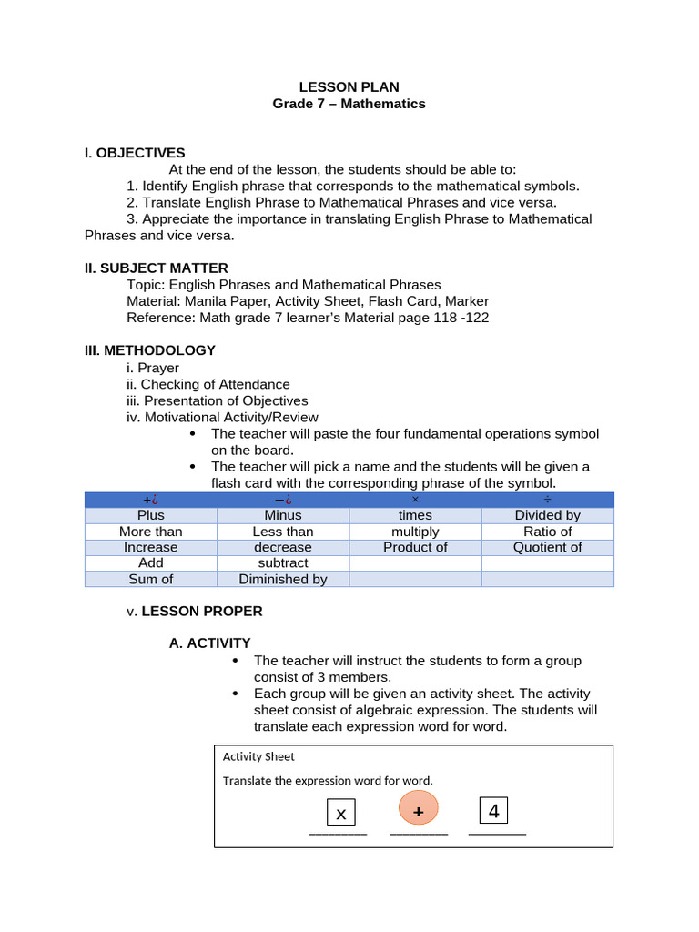 English Phrase To Mathematical Phrase Lesson Plan | PDF | Mathematics