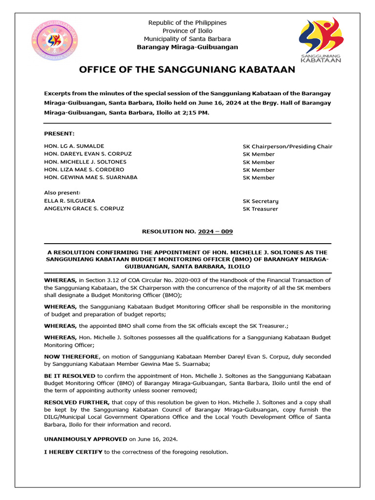 Resolution No. 9 - Appointment of BMO | PDF | Government | Youth