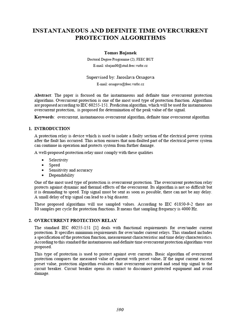 Instantaneous and Definite Time Overcurrent Protection Algorithms | PDF ...
