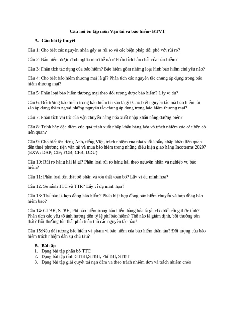 Câu hỏi ôn tập môn Vận tải và bảo hiểm-KTVT | PDF