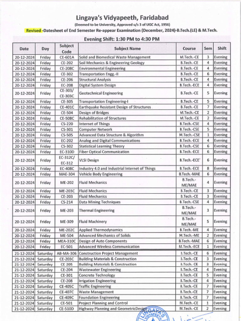 Revised- Datesheet of End Semester Re-Appear Examinations (December ... Revised- Datesheet of End Semester Re-Appear Examinations (December ...
