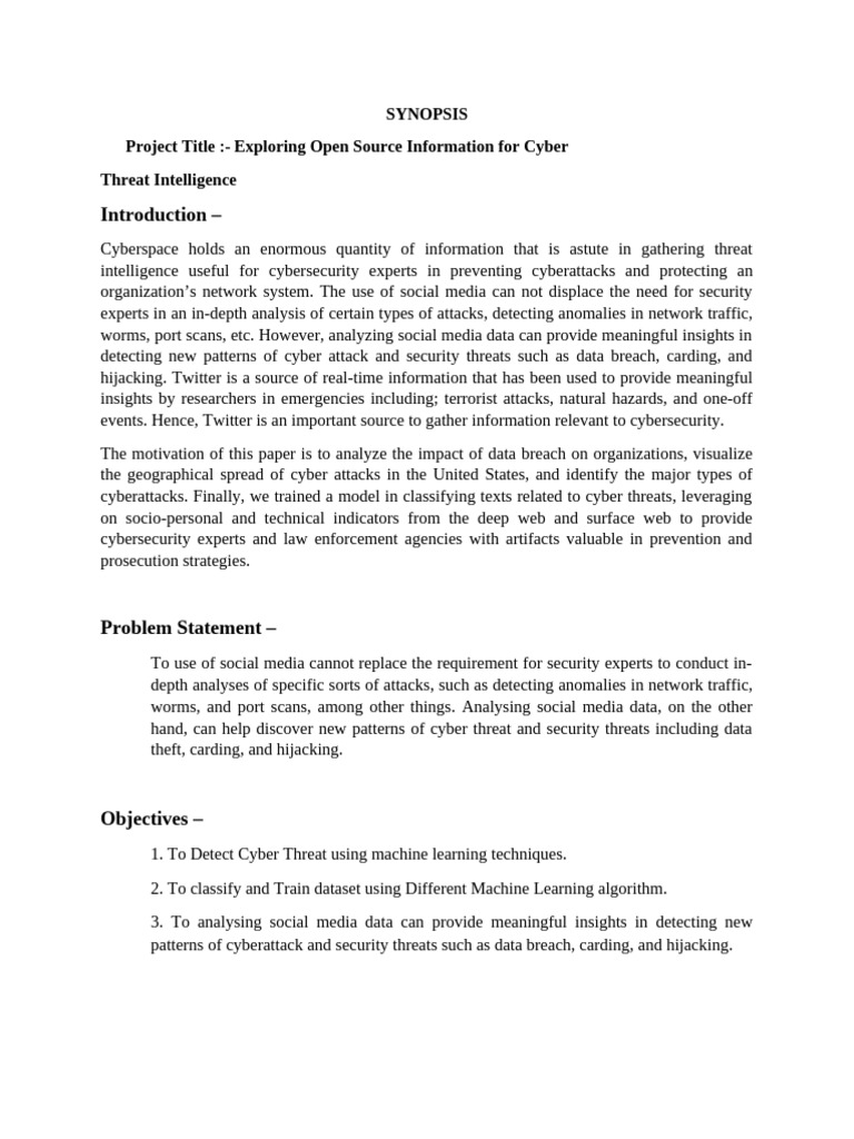 Machine Learning Methods For Secure Internet of Things Against Cyber Threats Synopsis | PDF ...