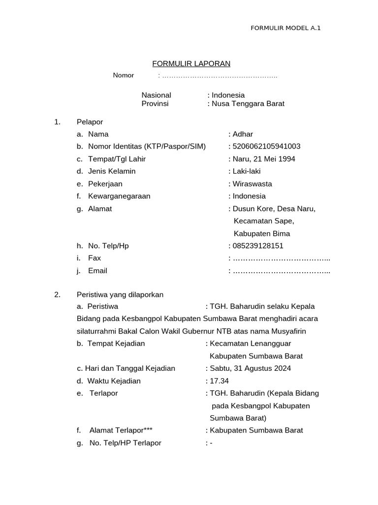 FORMULIR MODEL A.1 (Penerimaan Laporan) PL 01 | PDF