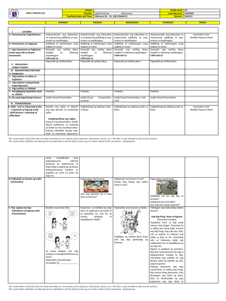 DLL - FIL3 - Q3 - W2 - Pagsasabi NG Sariling Ideya Edumaymay Lauramos | PDF