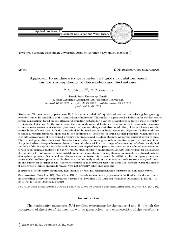 Approach To Nonlinearity Parameter in Liquids Calculation Based On The Scaling Theory of ...