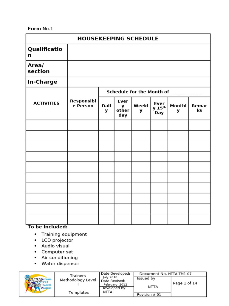 Monthly Housekeeping Schedule Template | PDF