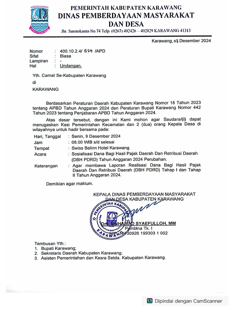 Undangan Sosialisasi DBH PDRD TA 2024 Perubahan | PDF