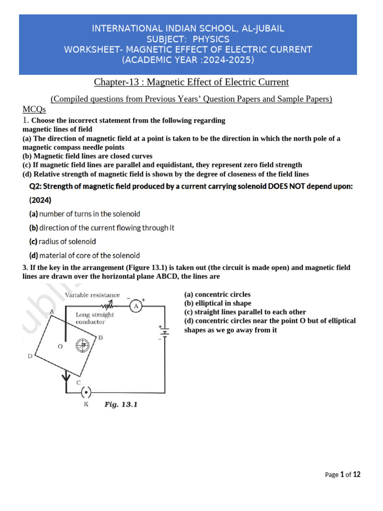 Magnetic Effects of Electric Current Worksheet | PDF | Magnetic Field ...