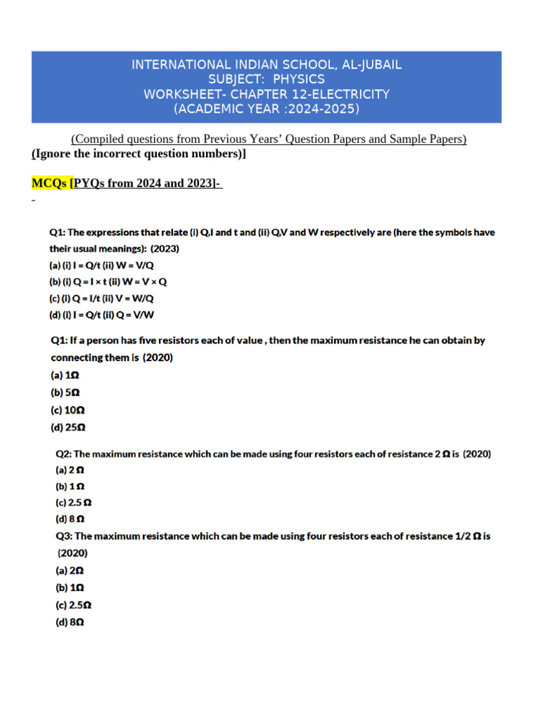 Class 10-Electricity worksheet | PDF | Series And Parallel Circuits ...