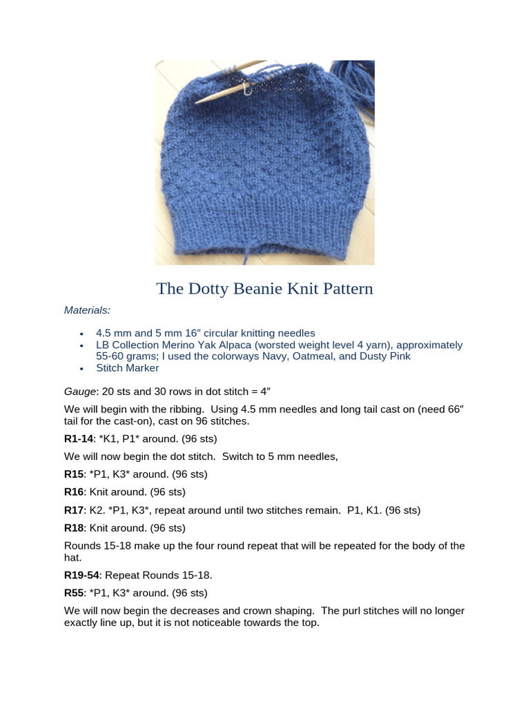 The Dotty Beanie Knit Pattern | PDF | Knitting | Animal Hair Products
