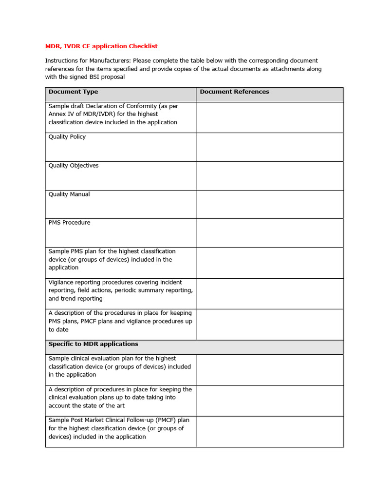 BSI - IVDR-MDR Application Checklist | PDF