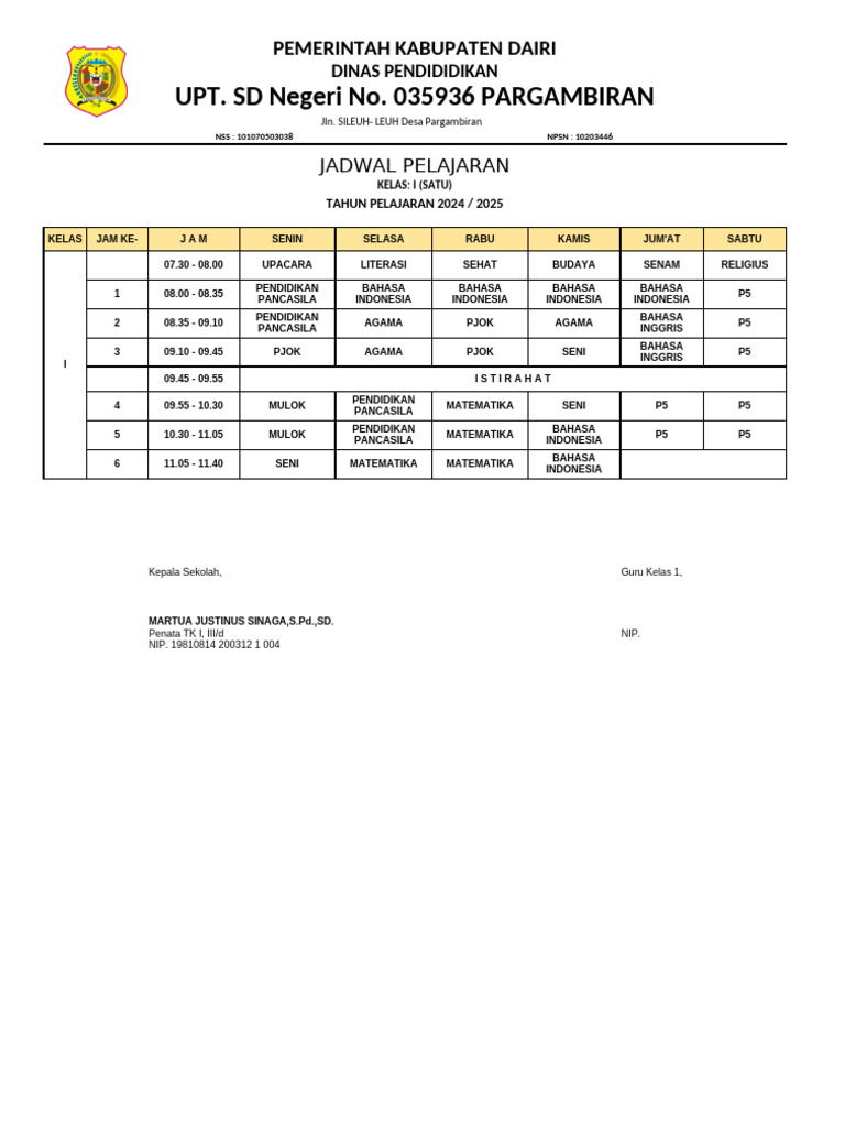 Jadwal Pelajaran Kurikulum Merdeka Sdn. 035936 Pargambiran Tp. 2024 - 2025 | PDF