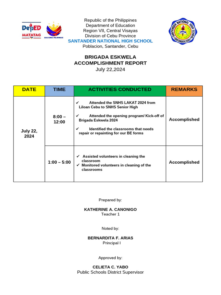 ACCOMPLISHMENTS Brigada Eskwela 2024 | PDF | Government | Public ...