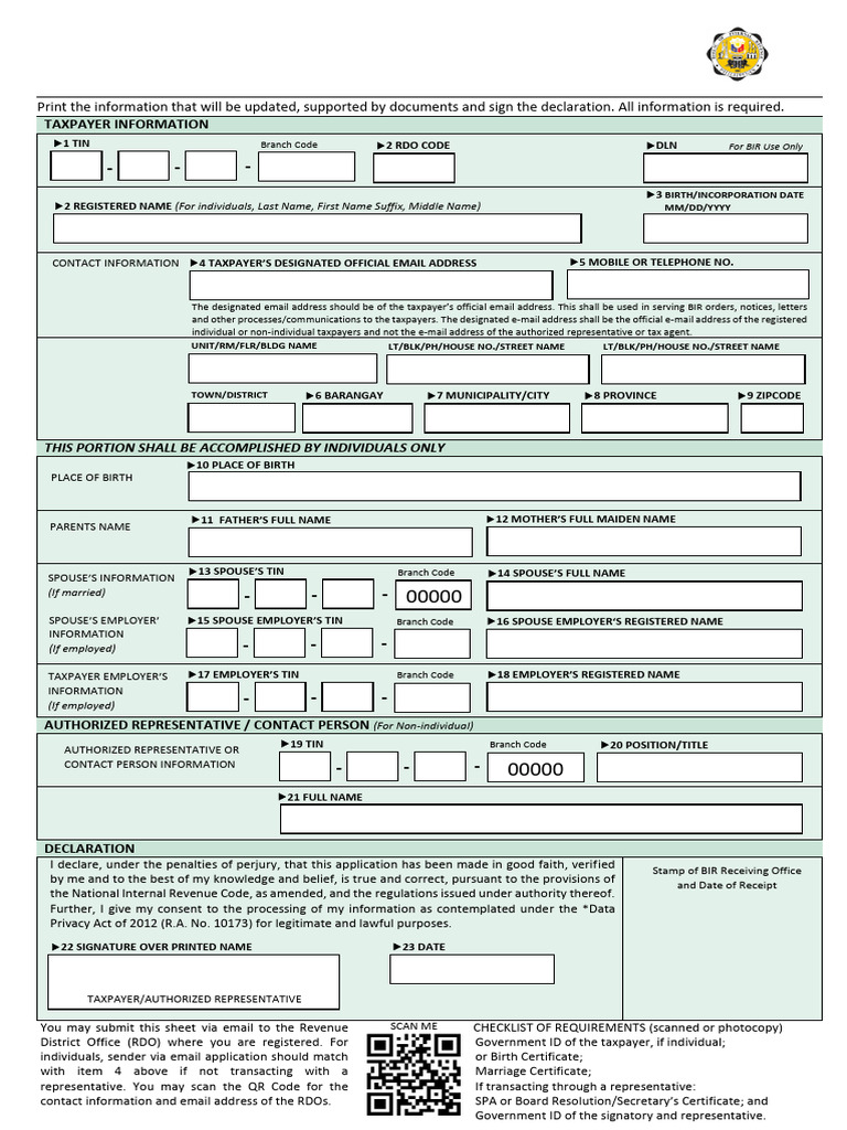BIR S1905 - Registration Update Sheet | PDF | Government Finances | Taxes