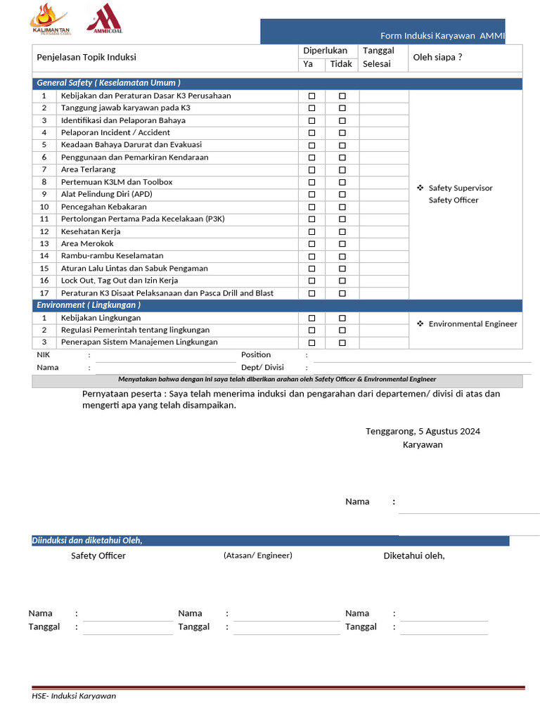 Lembar Induksi Divisi 2 HSE - Kry Baru KPC | PDF