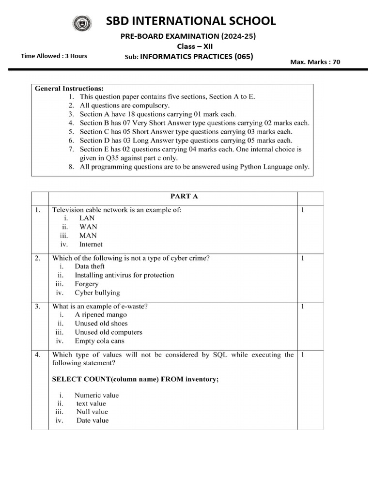 XII IP PRE-BOARD-1 | PDF