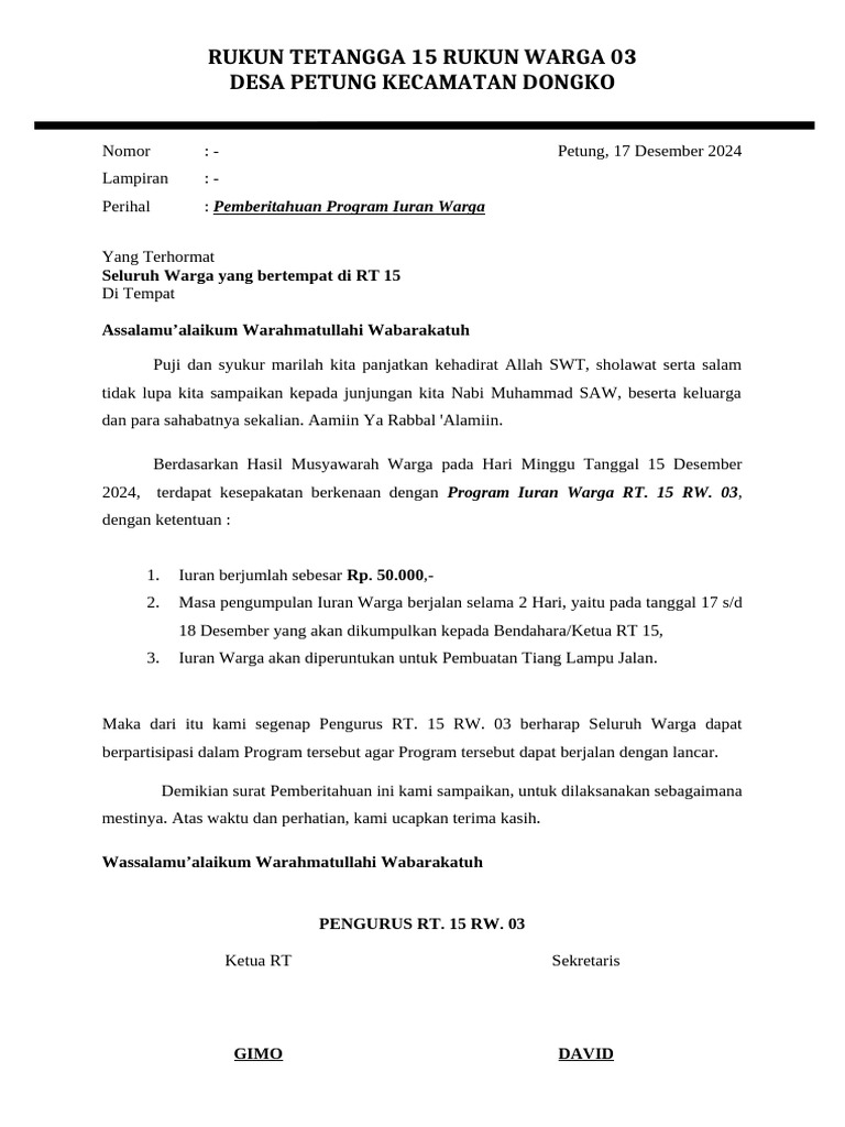 B 003 Surat Pemberitahuan Iuran Bulanan Warga | PDF