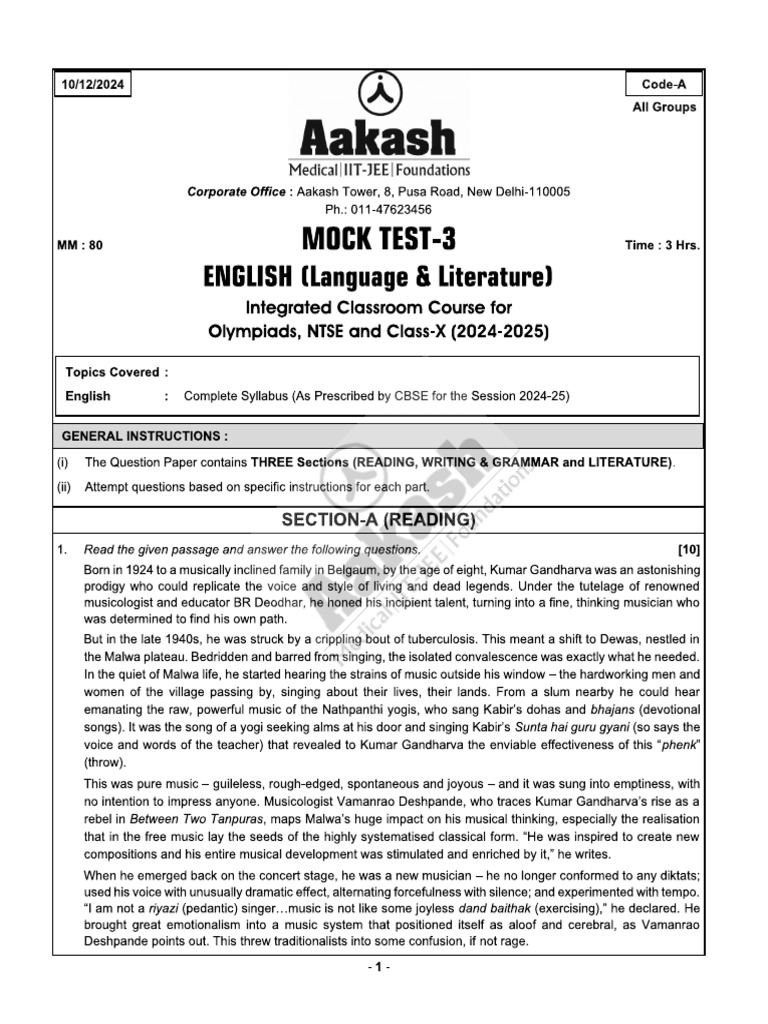 CBSE Mock Test-3A - All Groups (C-10) - English (Lang & Lit) (10-12 ...