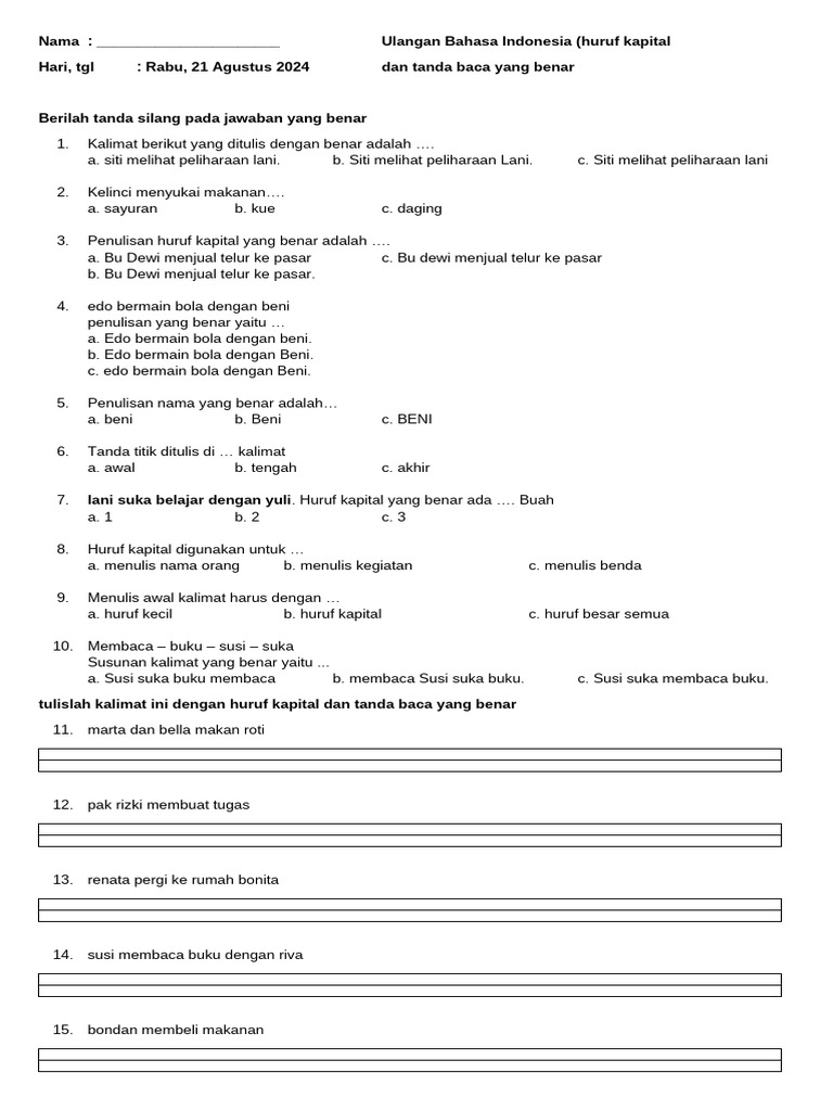 Ulangan Bahasa Indonesia Kelas 2 SD Huruf Kapital Dan Tanda Baca | PDF