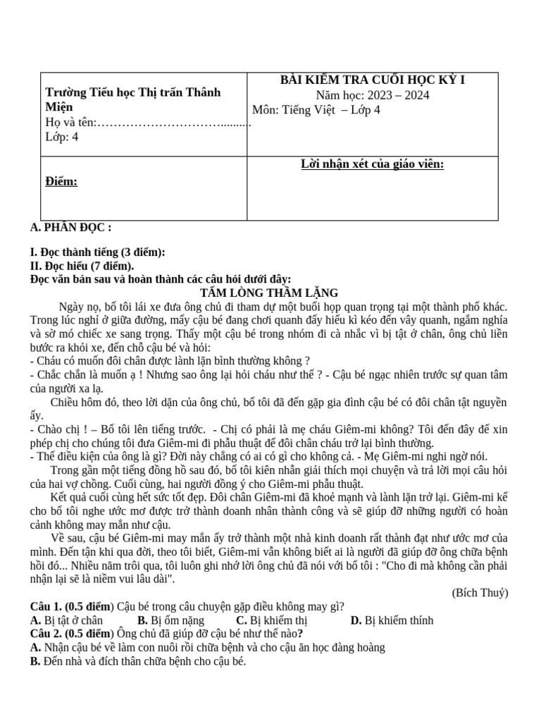 Đề kTra cuối kì I lớp 4-Lưu Hằng | PDF