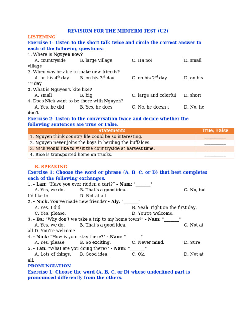 Midterm Test Revision: Listening & Speaking | PDF