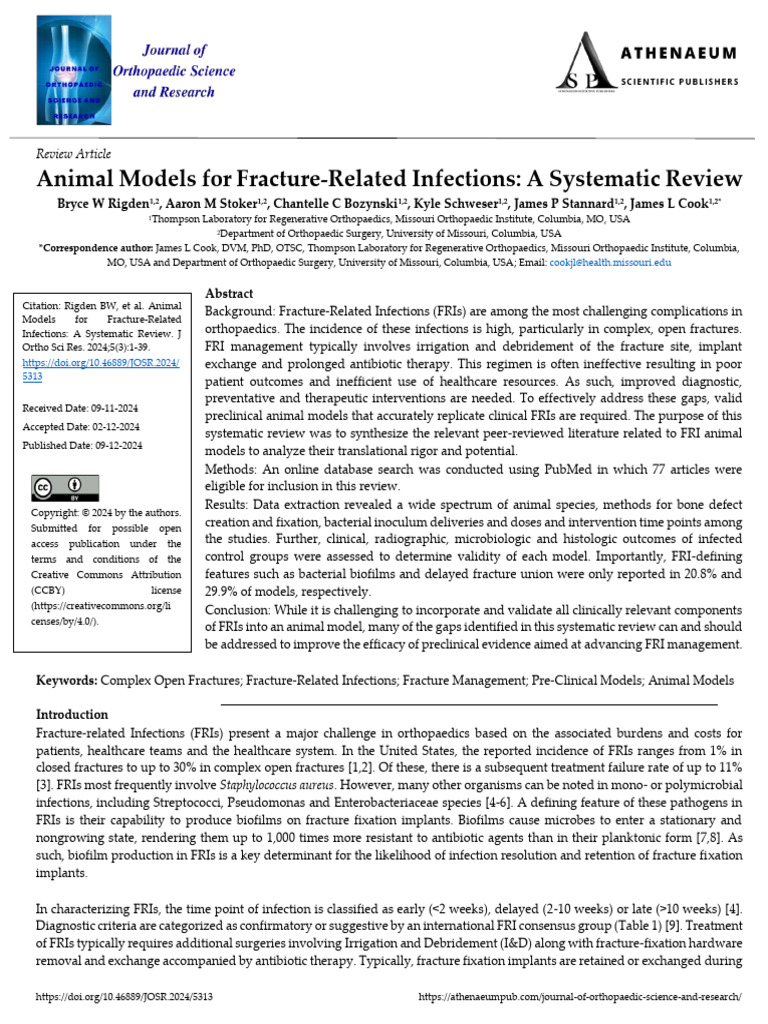 Animal Models for Fracture Related Infections a Systematic Review | PDF ...