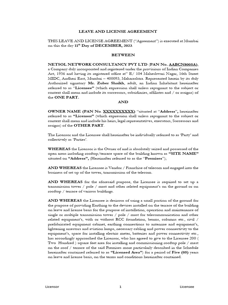 Leave and License Agreement Draft 11 Dec 23 | PDF | License | Landlord