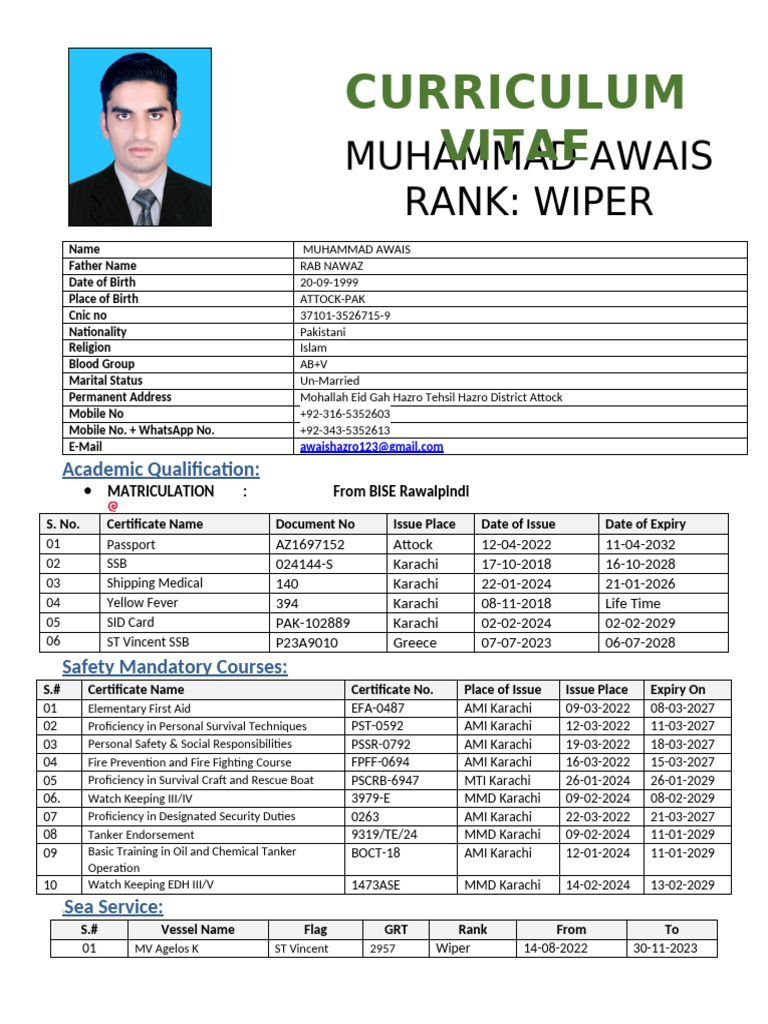 CV of Muhammad Awais Wiper | PDF | Pakistan | Sailor