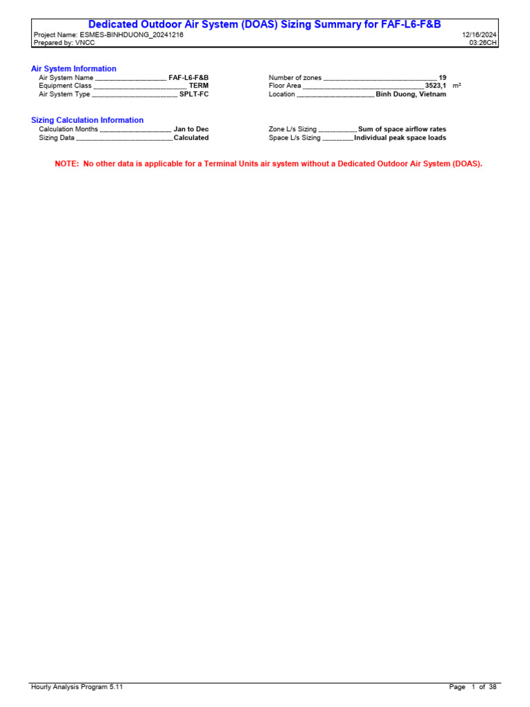 Dedicated Outdoor Air System (DOAS) Sizing Summary For FAF-L6-F&B | PDF ...