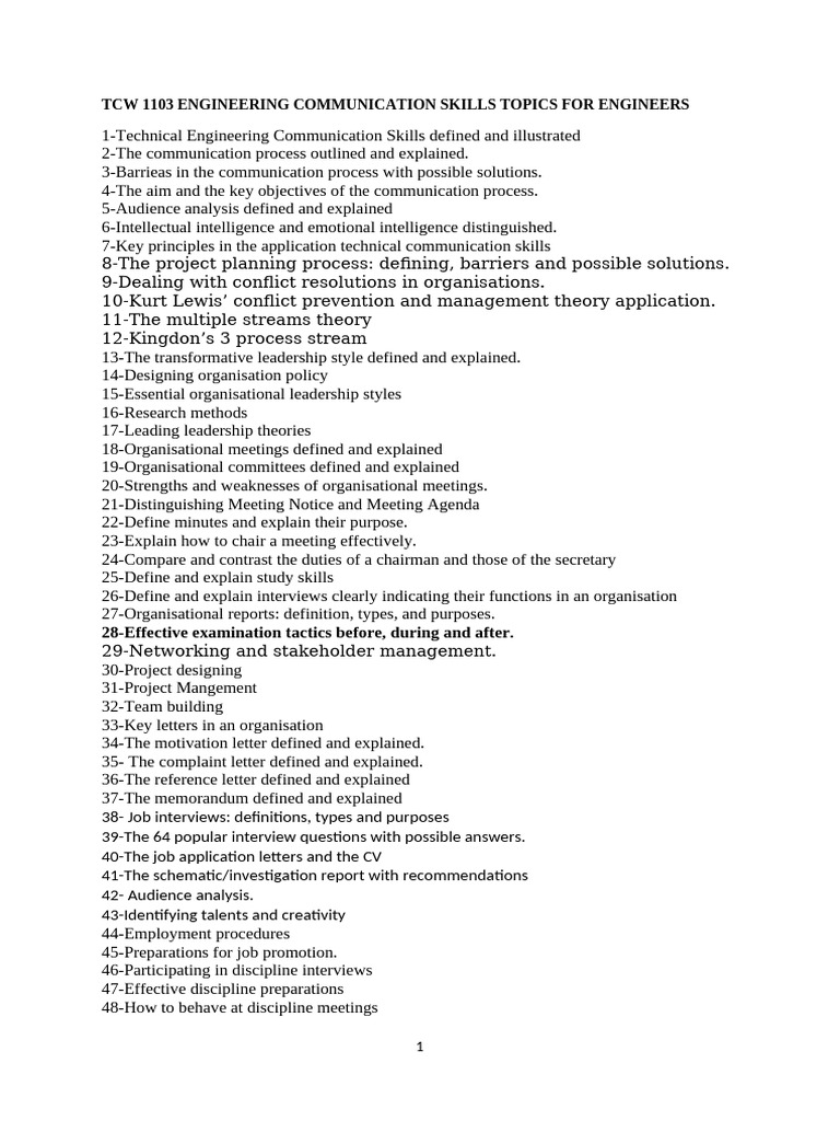 2024 Ecw 1103 Engineering Communication Skills Topics For Engineers ...