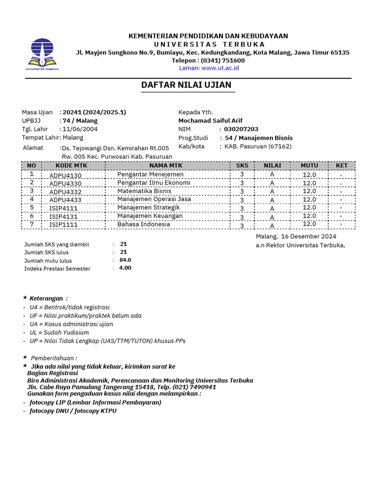 Nilai UAS Semester 1 UT 2024 - 2025 | PDF